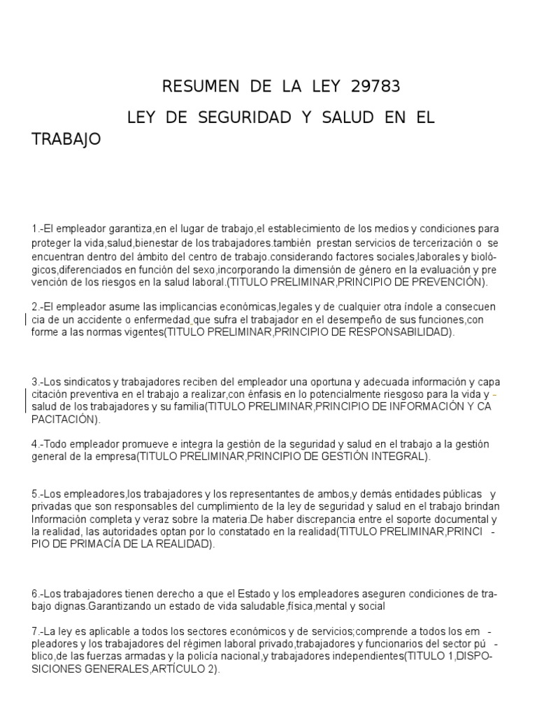 Resumen de La Ley 29783 Final | PDF | Derecho laboral | Outsourcing