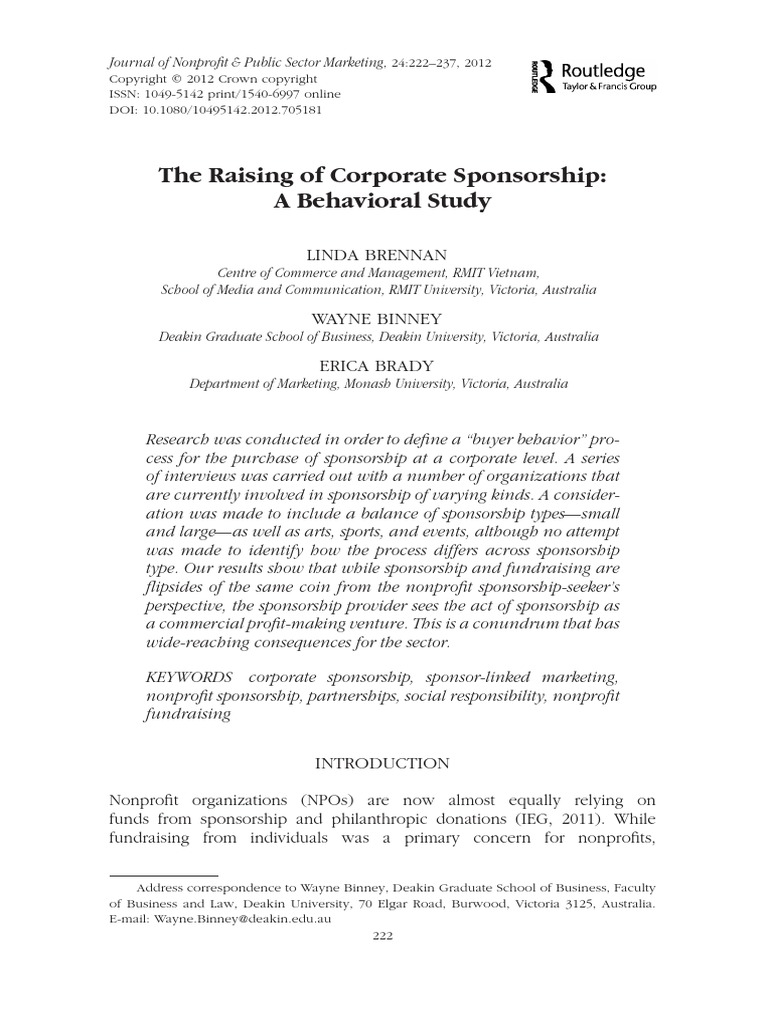 The Raising of Corporate Sponsorship: A Behavioral Study: Linda Brennan ...