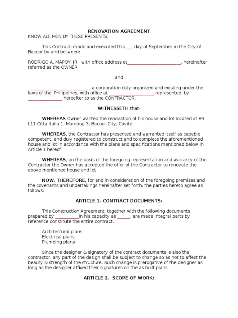 Renovation Agreement Draft | PDF | General Contractor | Damages