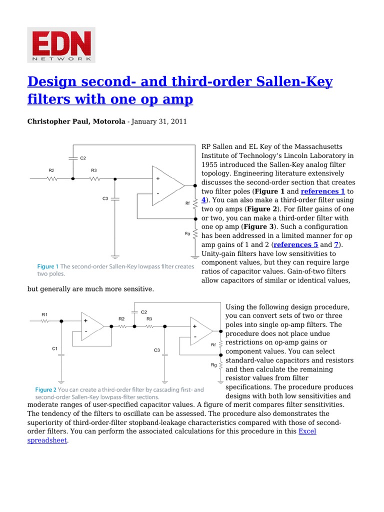 Design Second And Third Order Sallen Key Filters With One Op Amp Pdf