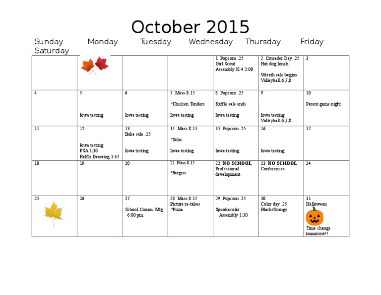 October 2015 School Events Calendar | PDF