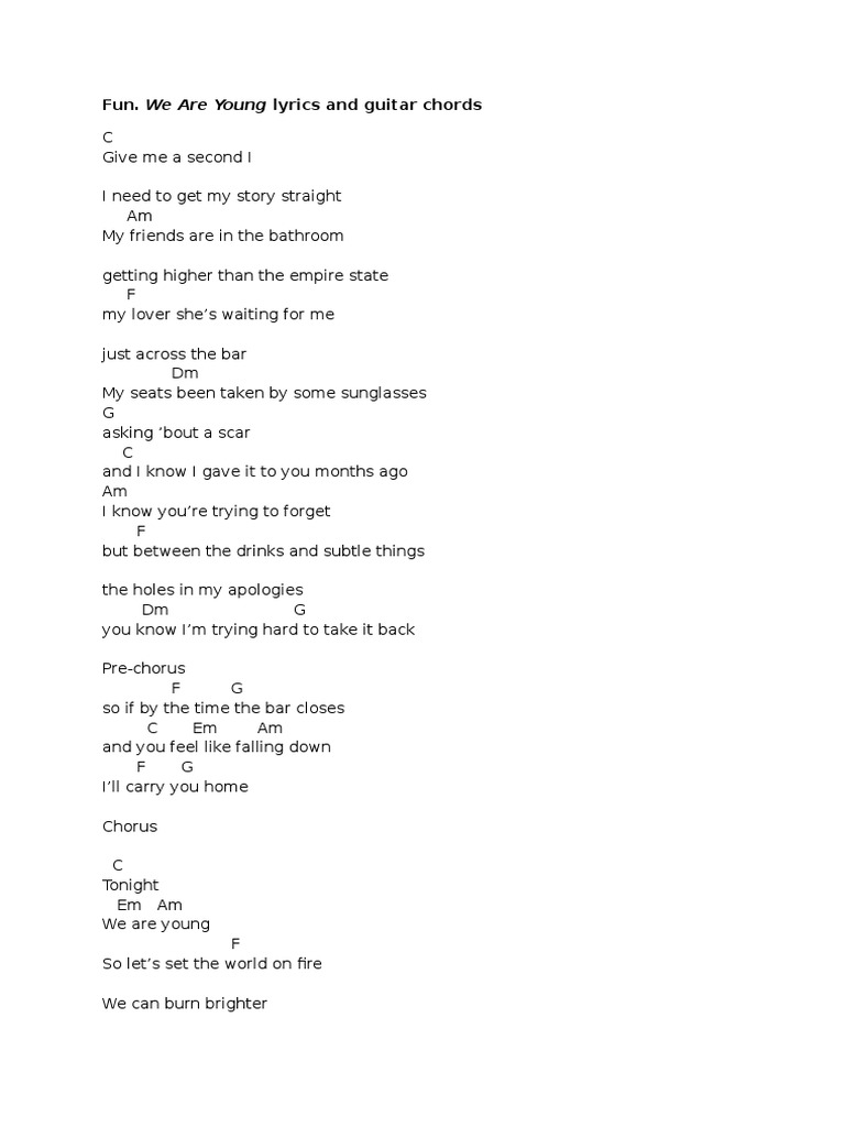 Fun. We Are Young Lyrics and Guitar Chords | PDF
