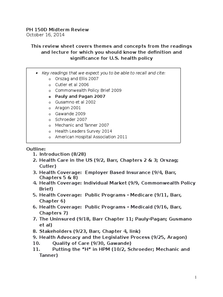 AAA - PH 150D Midterm Review Sheet Fall 2014 | PDF | Health Insurance ...