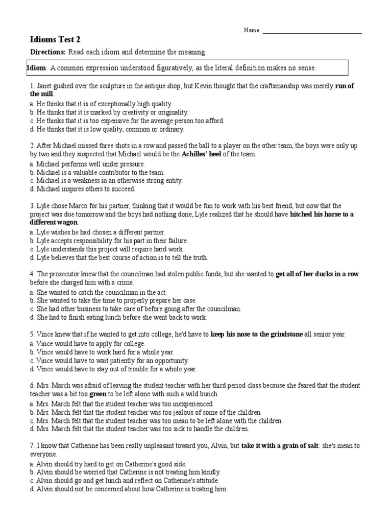 Idioms Test: Understanding Meanings | PDF | Language Arts & Discipline