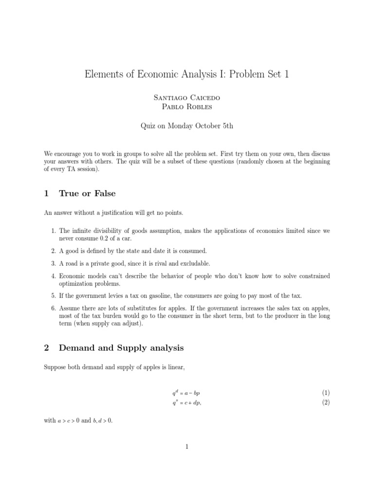 Elements of Economic Analysis I: Problem Set 1: 1 True or False | PDF | Demand | Demand Curve