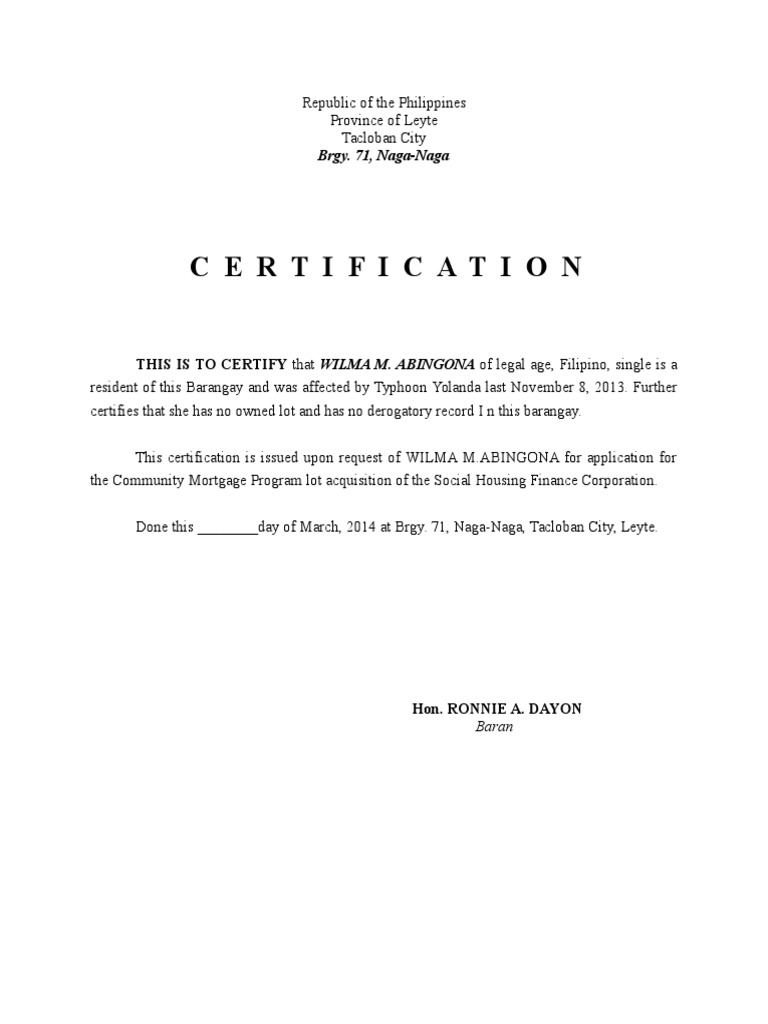 Barangay Certification | PDF