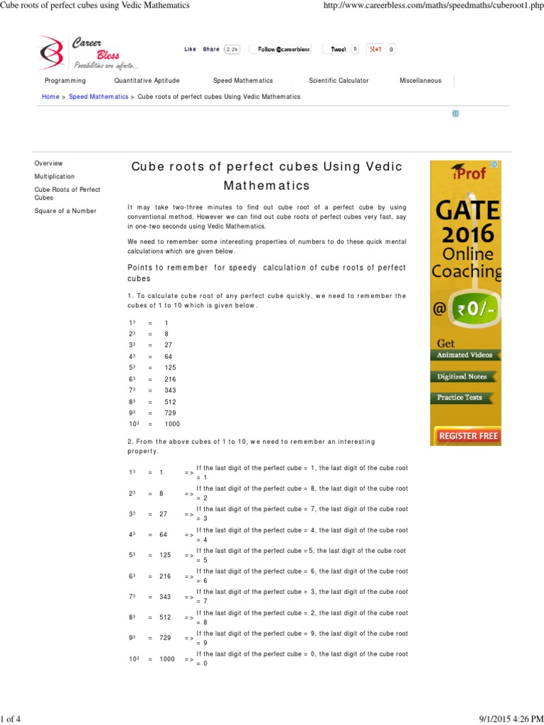 Cube Roots of Perfect Cubes Using Vedic Mathematics | PDF | Numbers ...