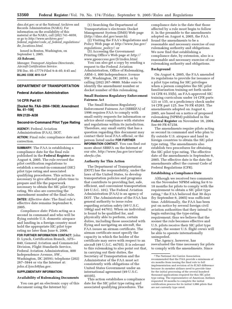 Rule: Airmen Certification: Second-In-Command Pilot Type Rating ...