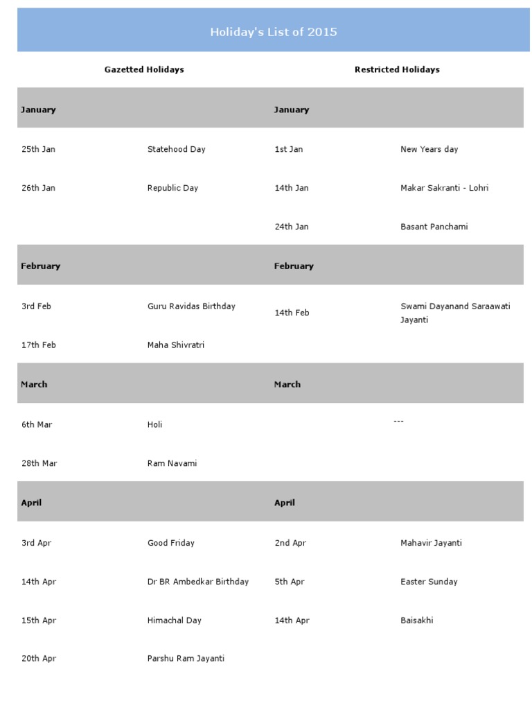 2015 Holiday Calendar Overview | PDF