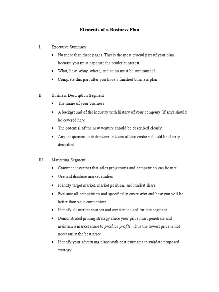 Elements of Business Plan | PDF | Business Plan | Strategic Management