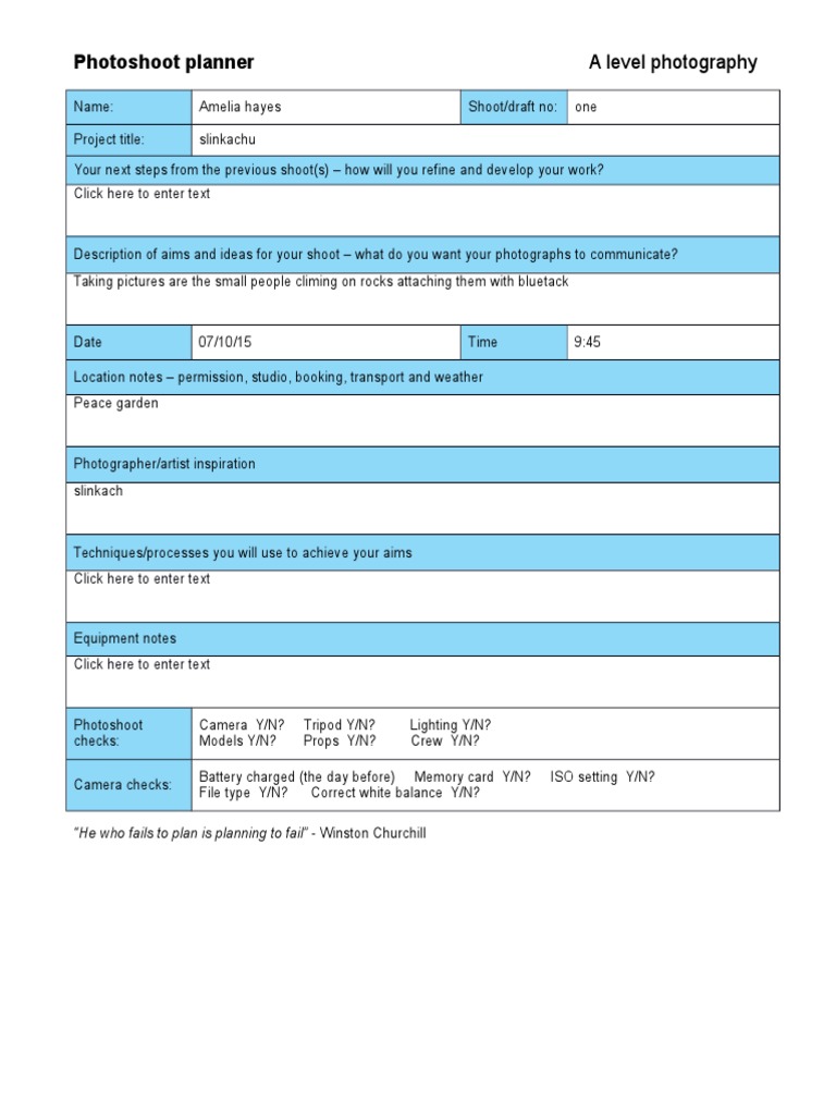 Photoshoot Planner for A Level Photography | PDF