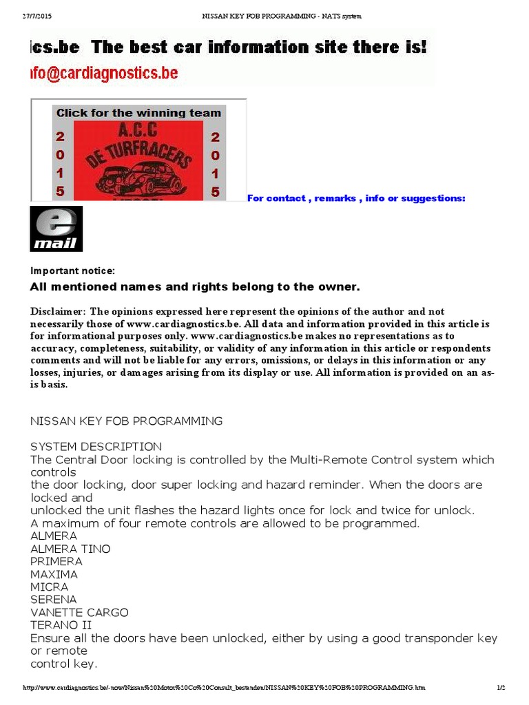 Nissan Key Fob Programming - Nats System | PDF | Switch | Vehicles