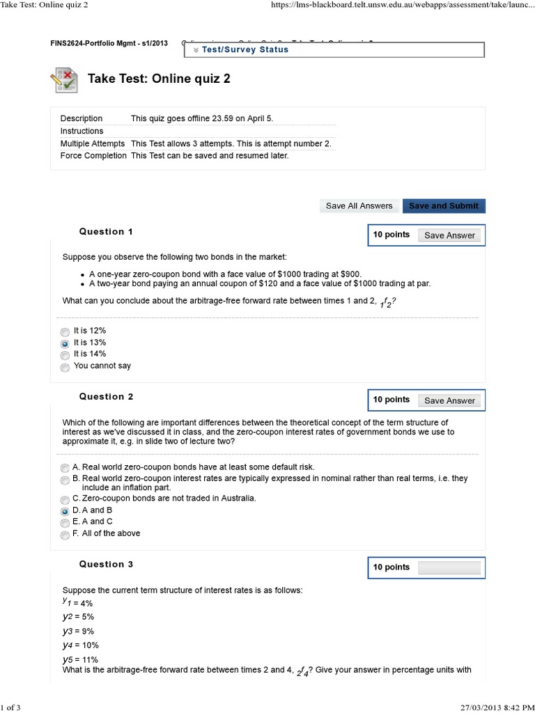 FINS 2624 Quiz 2 Attempt 2 PDF | PDF | Arbitrage | Bonds (Finance)