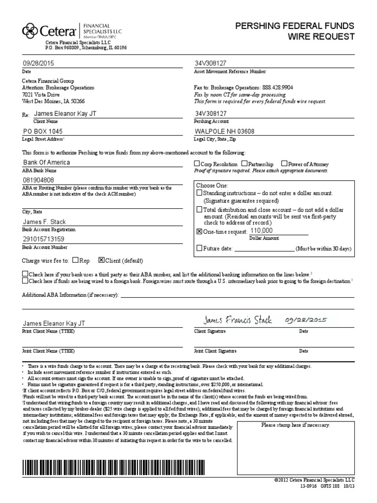 GFIS-188 - : Pershing Federal Funds Wire Request | PDF | Banks | Fee