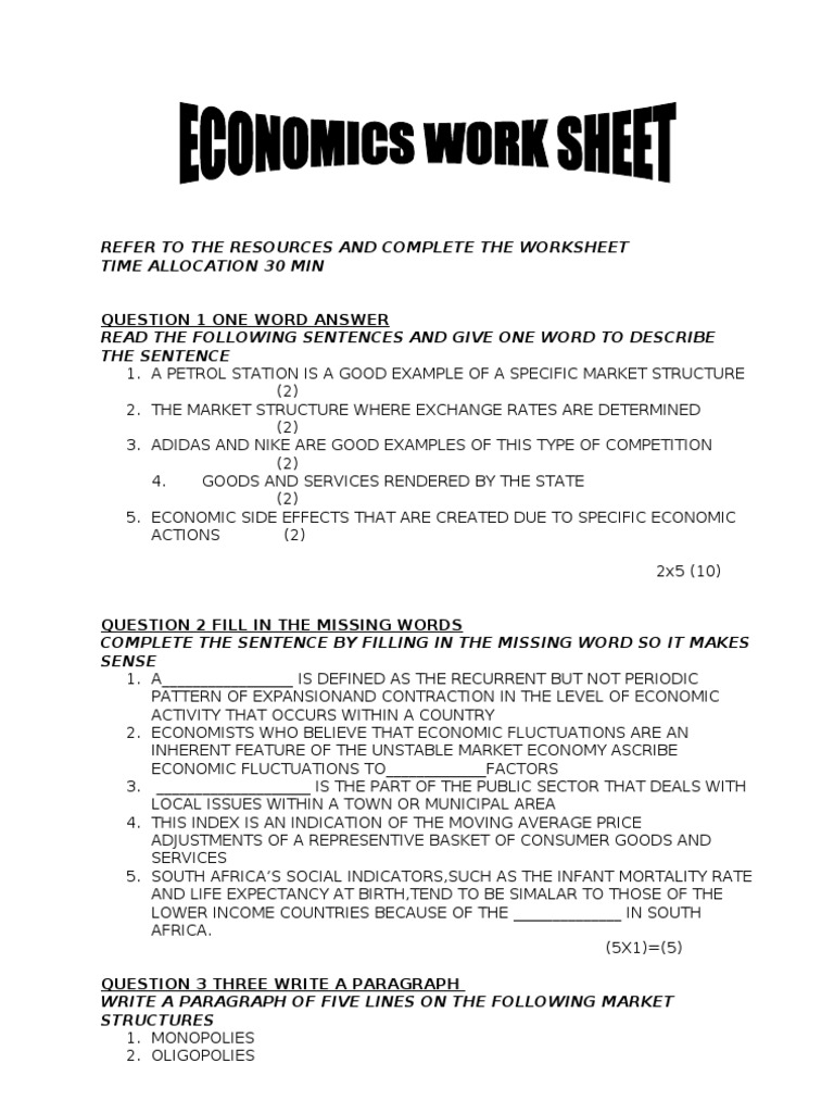 Economic Worksheets | PDF | Perfect Competition | Market (Economics)