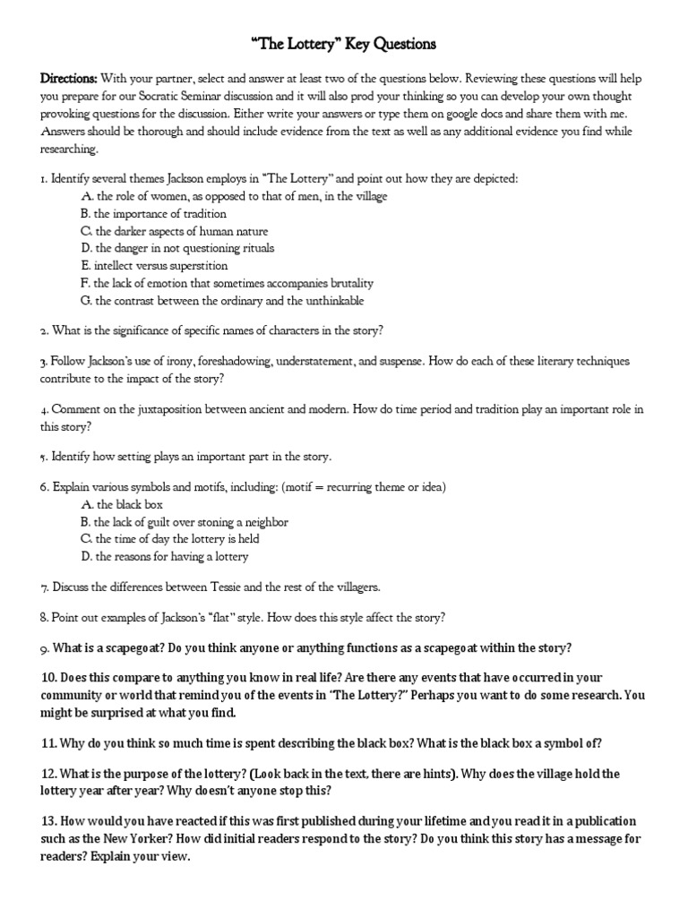 Key Questions for "The Lottery" Analysis | PDF | Psychological Concepts ...