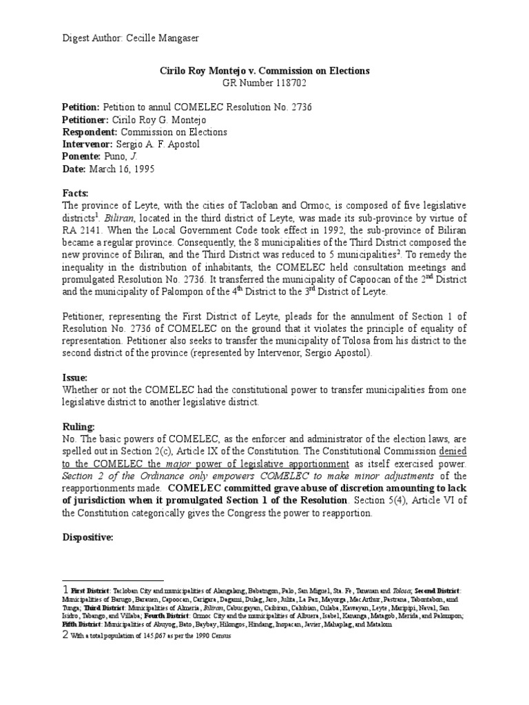 Montejo V Comelec (Digest) | PDF | Government | Justice