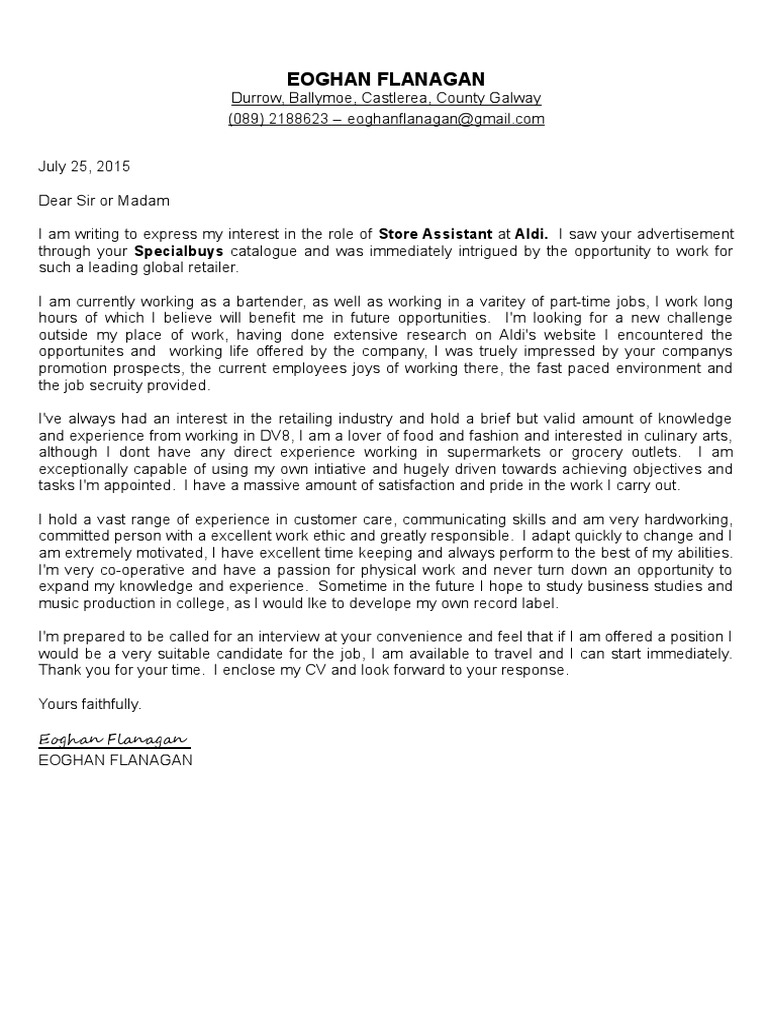 Aldi Store Assistant Cover Letter | PDF | Retail | Business