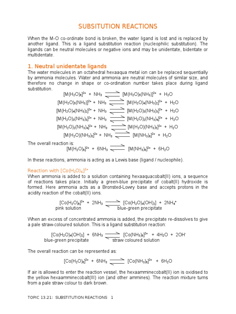 Substitution Reactions Notes | PDF | Coordination Complex | Ligand