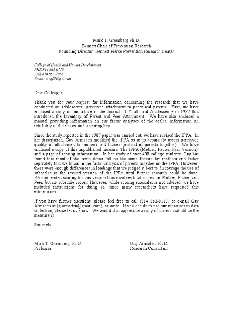 Revised IPPA for Parent and Peer Attachment | PDF | Attachment Theory ...