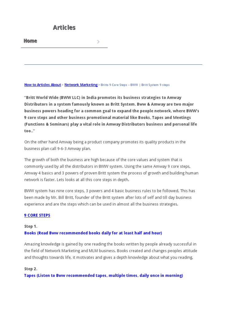 Britts 9 Core Steps – BWW Britt System 9 Steps | Multi Level Marketing ...