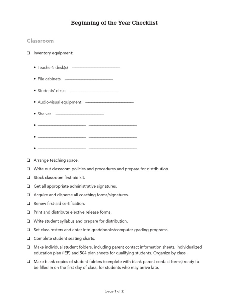 01 Beginning of The Year Checklist | PDF