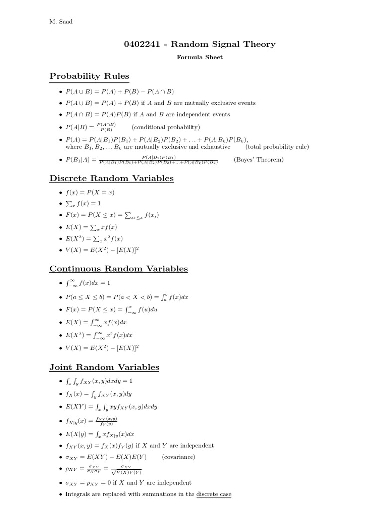 Random Signal Theory Formula Sheet | PDF | Variance | Normal Distribution