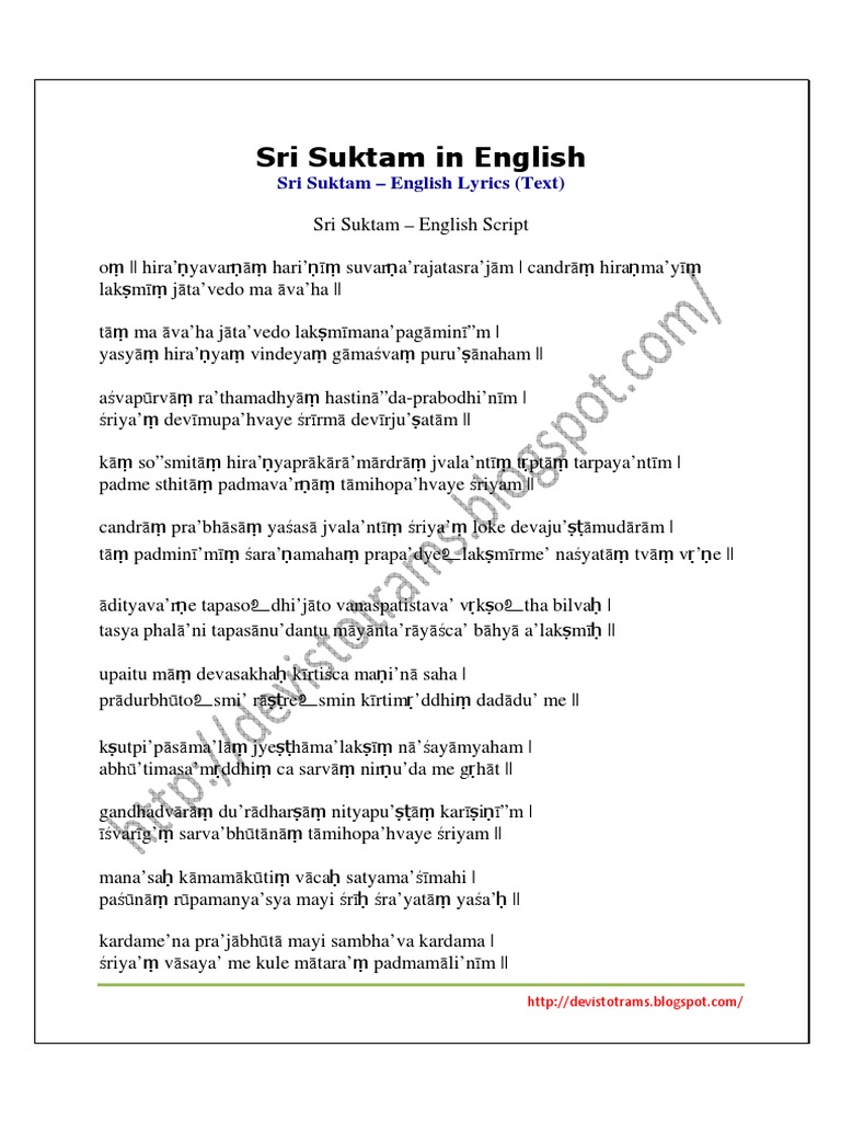 Sri Suktam - English Lyrics (Text) | PDF | Religion & Spirituality