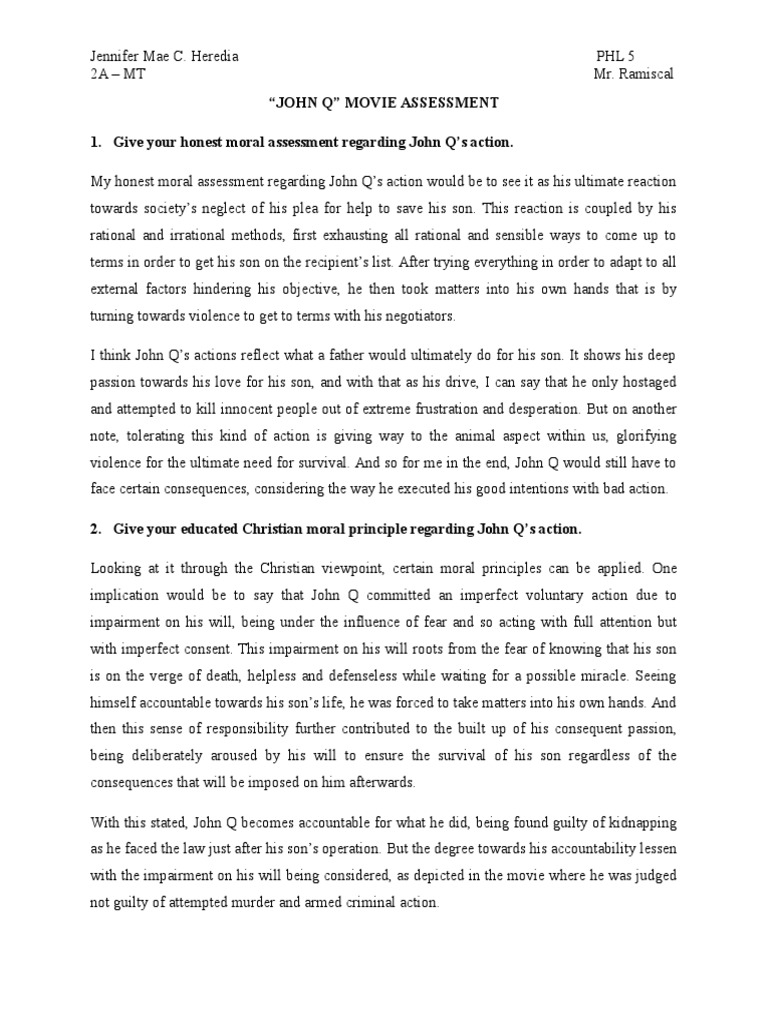 Reflection On John Q | PDF | Morality | Philosophical Theories