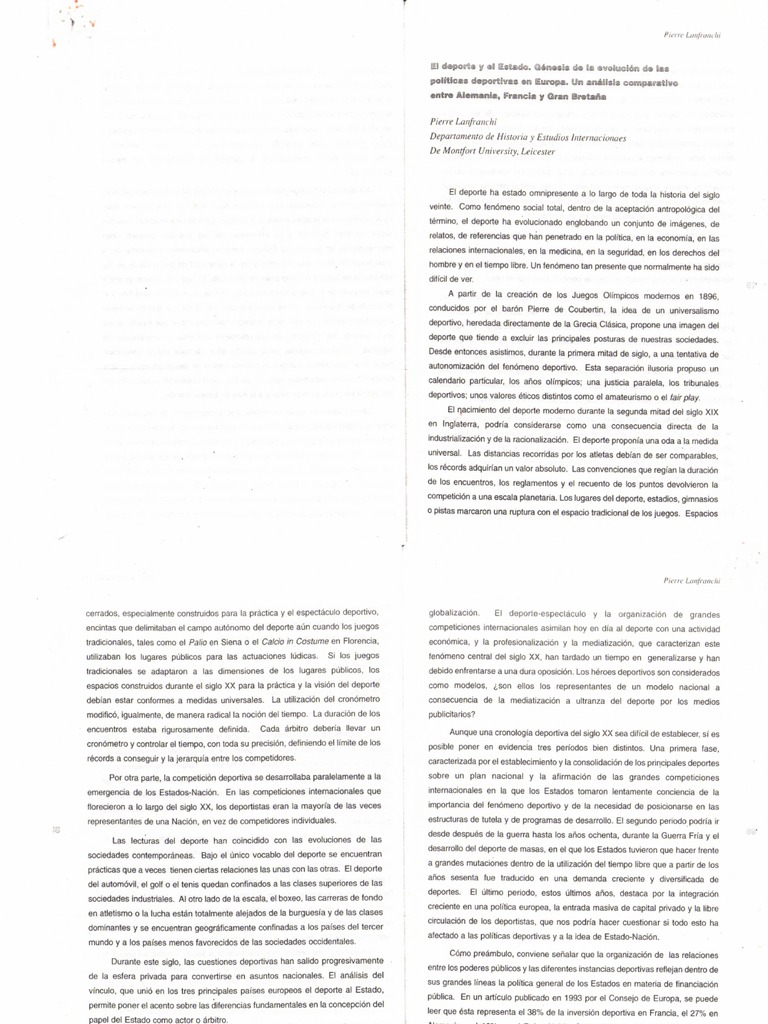 Lanfranchi, Pierre L Deporte y El Estado. Génesis de La Evolución de ...