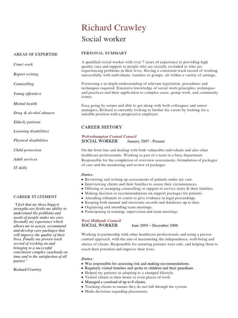 Social Worker CV Sample | Download Free PDF | Social Work | Child ...