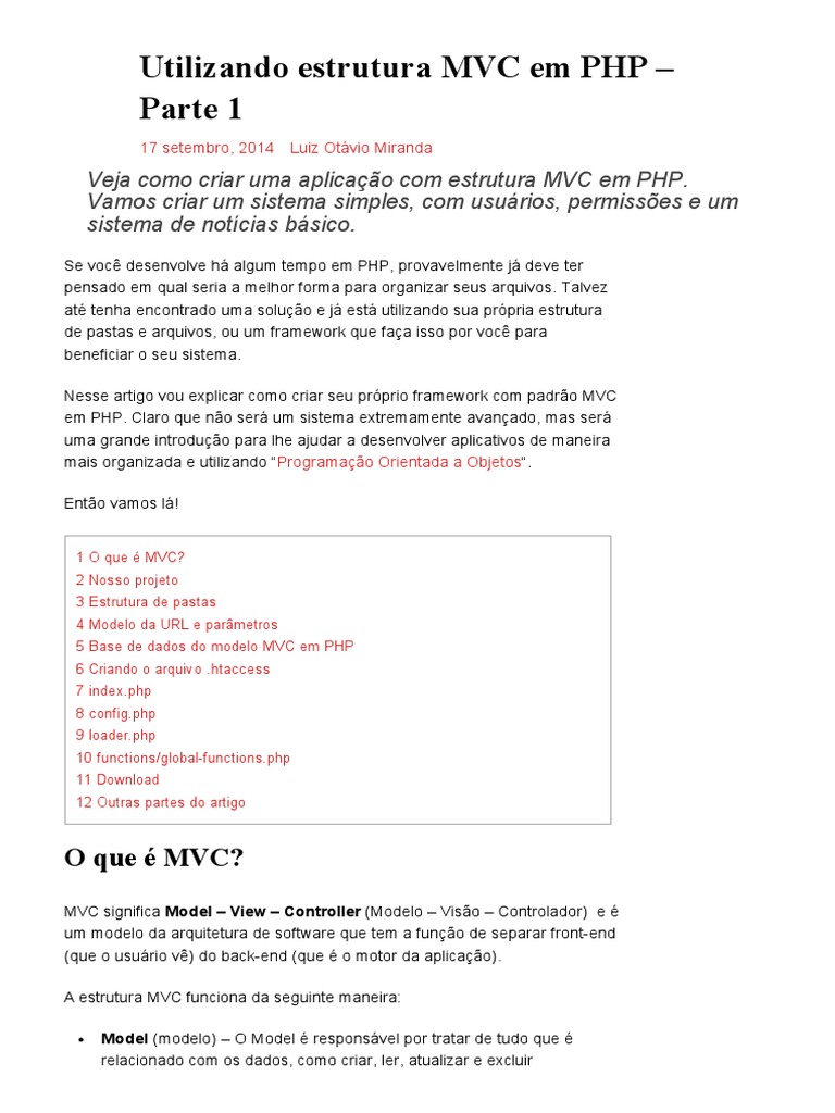 Parte 1 - Utilizando Estrutura MVC em PHP | Download grátis PDF | Model-View – Controller (MVC ...