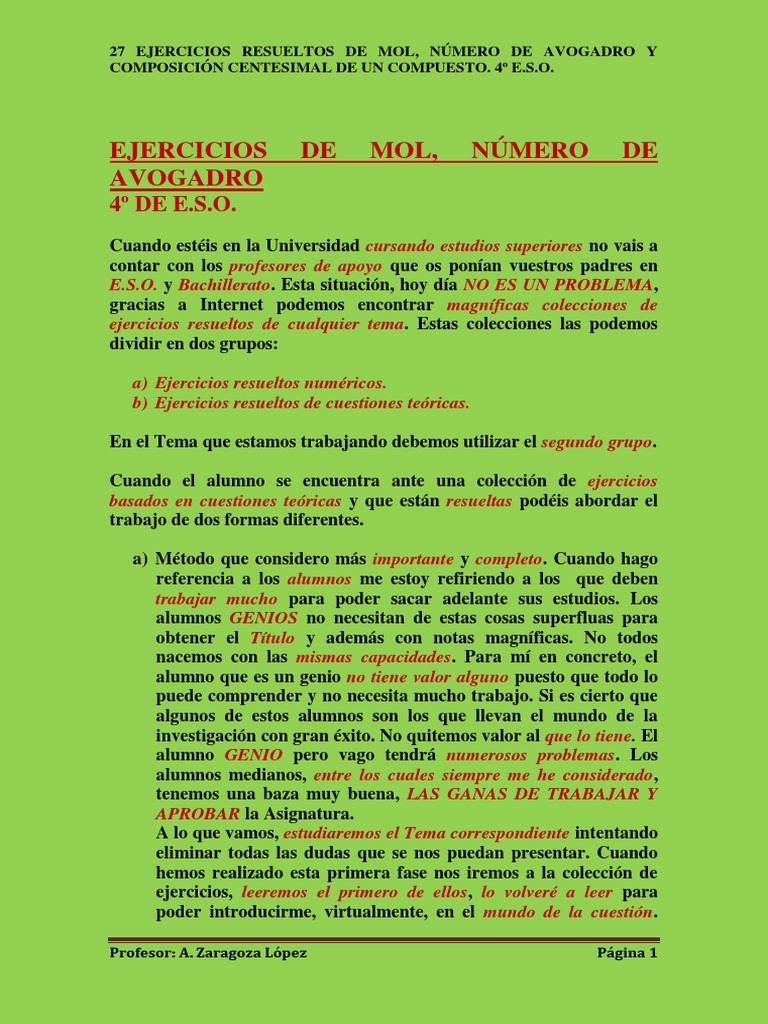 Ejercicios de Mol Numero de Avogadro y Composicion Centesimal | PDF ...