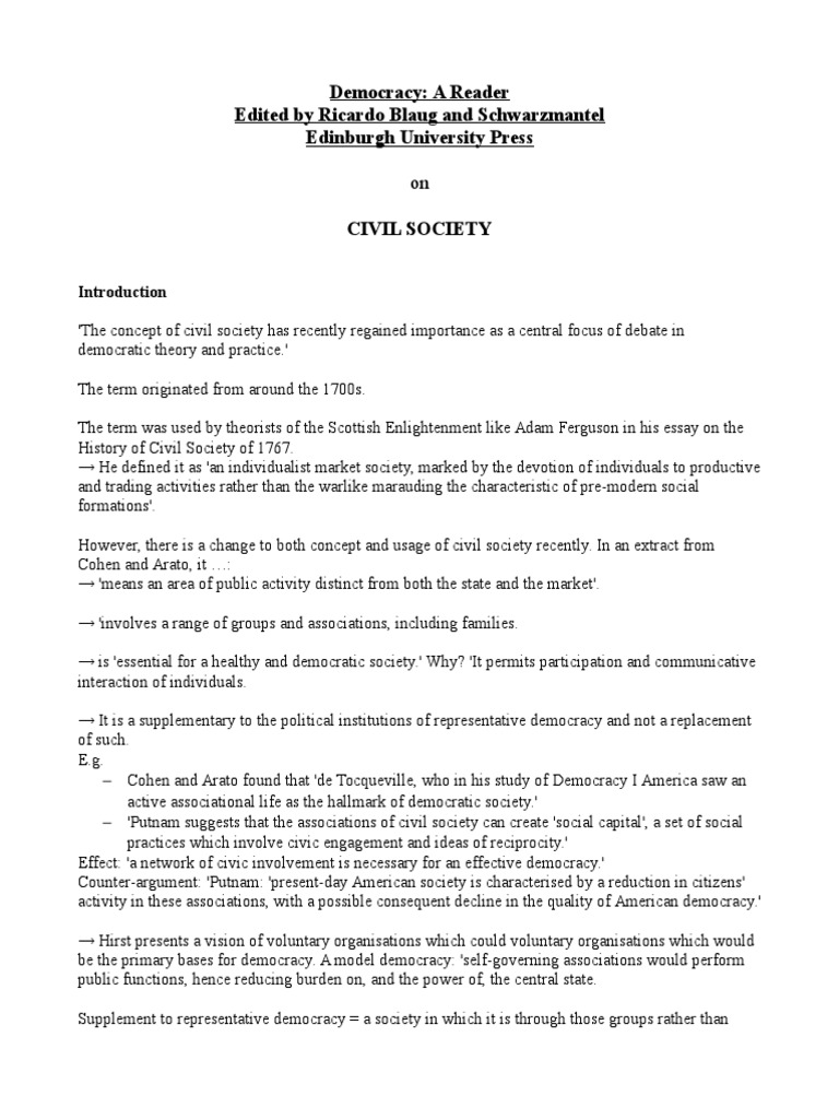 Notes of Democracy a Reader | Civil Society | Social Capital