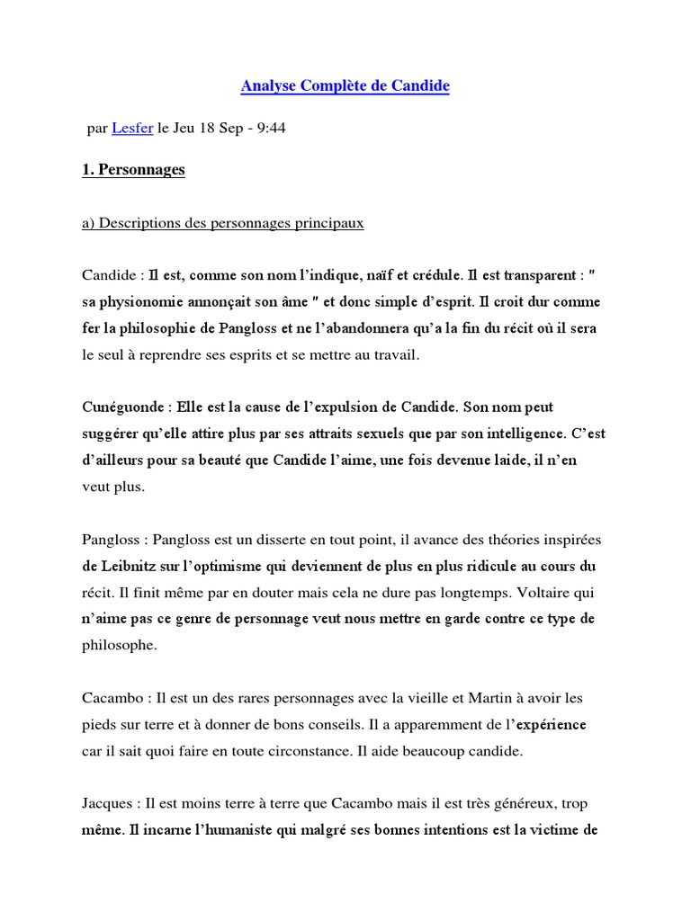 Analyse Complète de Candide PDF | PDF | Candide | Voltaire