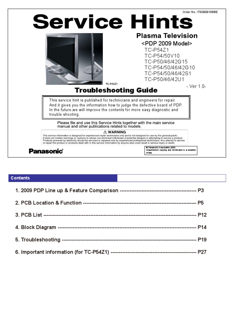 Panasonic 2009 PDP TC-P54Z1 TC-P54V10 TC-P50V10 TC-P50G15 TC-P46G15 TC ...