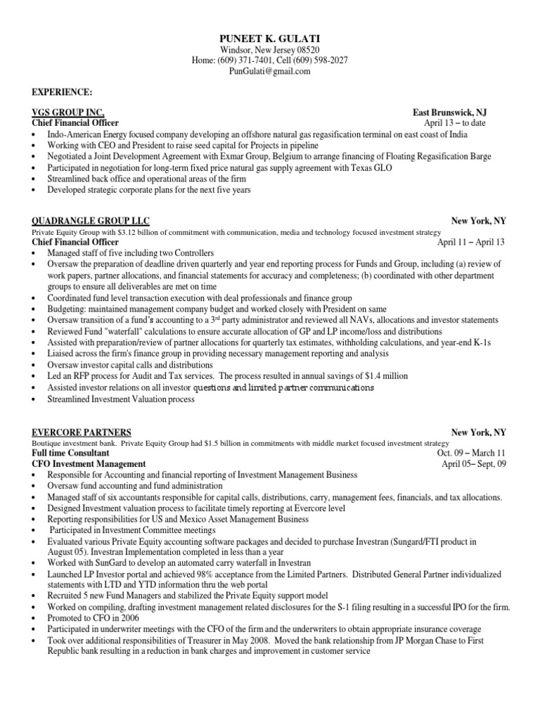 CFO Private Equity in Greater New York City Resume Puneet Gulati | PDF ...