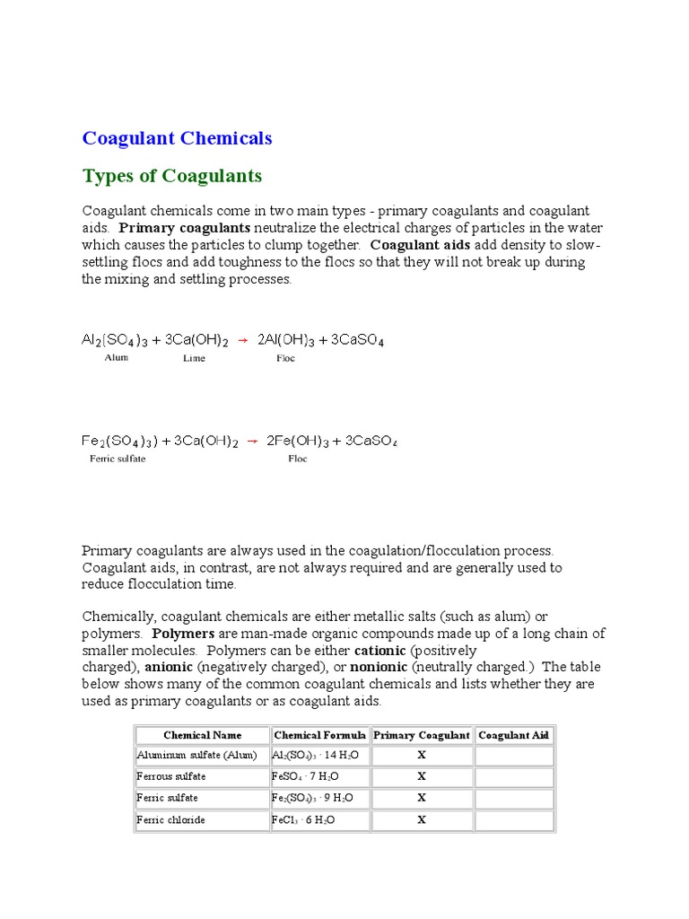 Coagulant Chemicals: Types of Coagulants