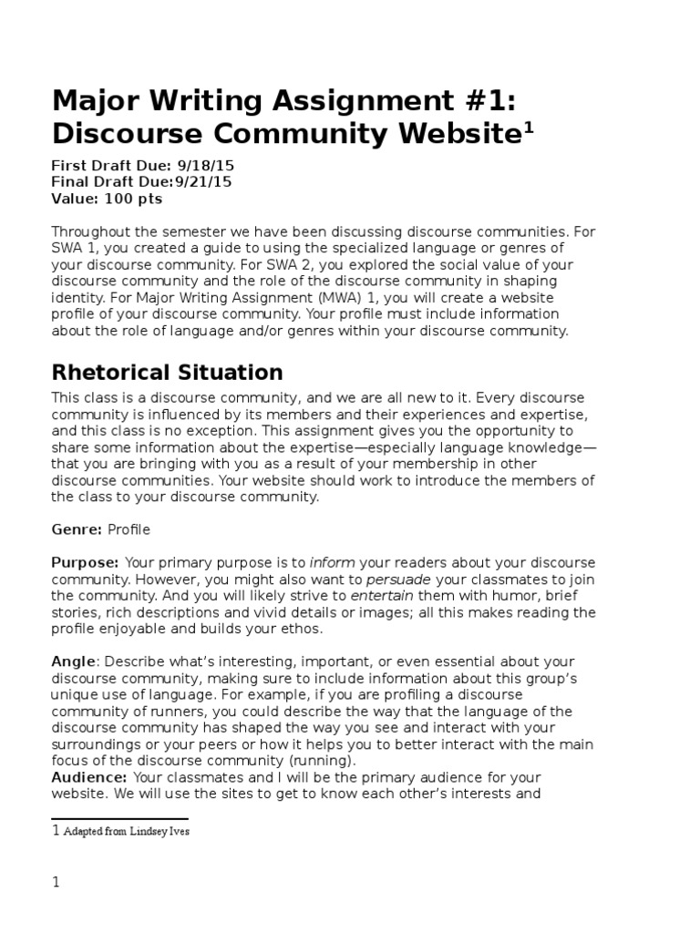 Major Writing Assignment #1: Discourse Community Website: Rhetorical ...