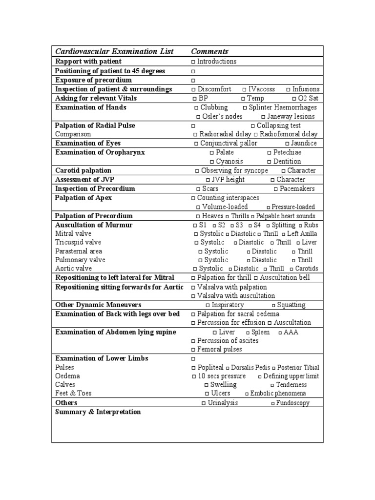 Cardiovascular Examination Checklist OSCE | PDF | Pulse | Heart Valve Cardiovascular Examination Checklist OSCE | PDF | Pulse | Heart Valve