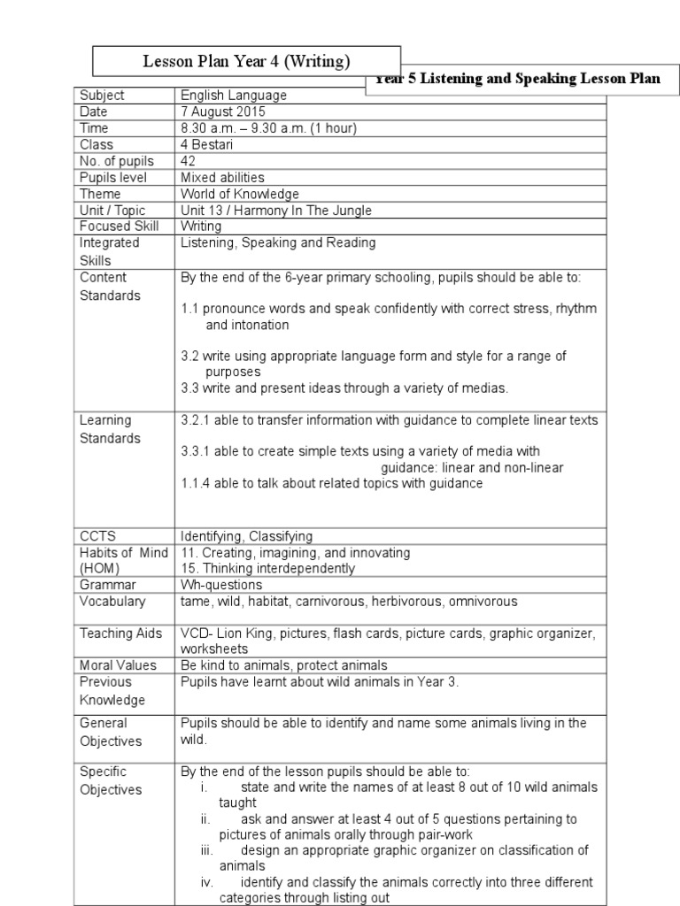 Year 5 Listening and Speaking Lesson Plan | PDF | Question | Teachers