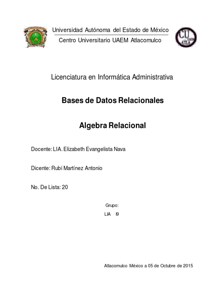 Tarea 7 Algebra Relacional | PDF | Modelo relacional | Bases de datos