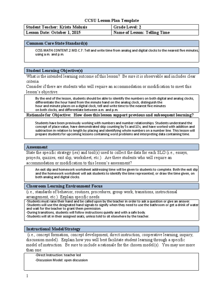 EDT - Math Lesson Plan (Time) | PDF | Educational Assessment | Clock