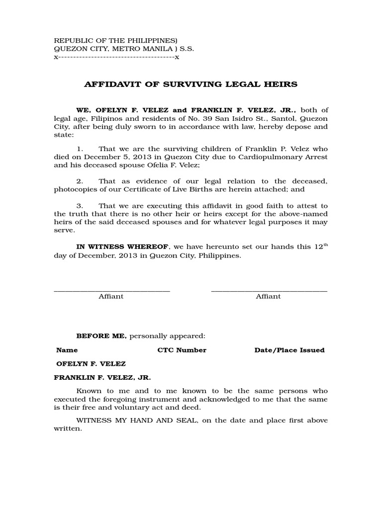 Affidavit of Surviving Legal Heirs | PDF