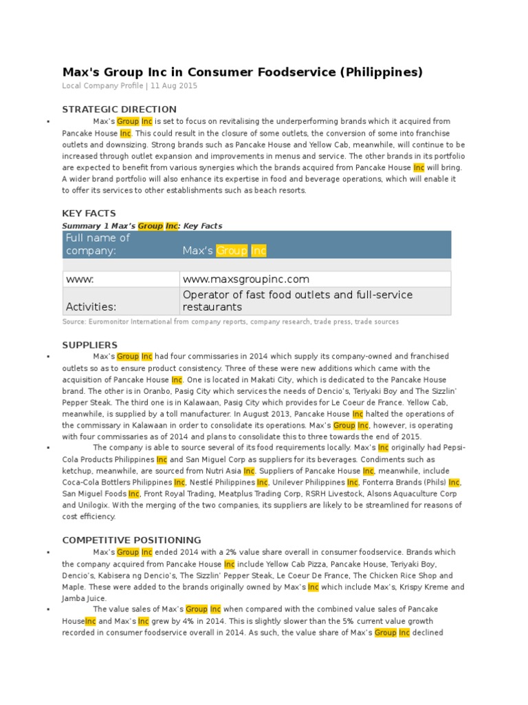 Max's Group Inc: 2014 Foodservice Overview | PDF | Fast Food | Foodservice