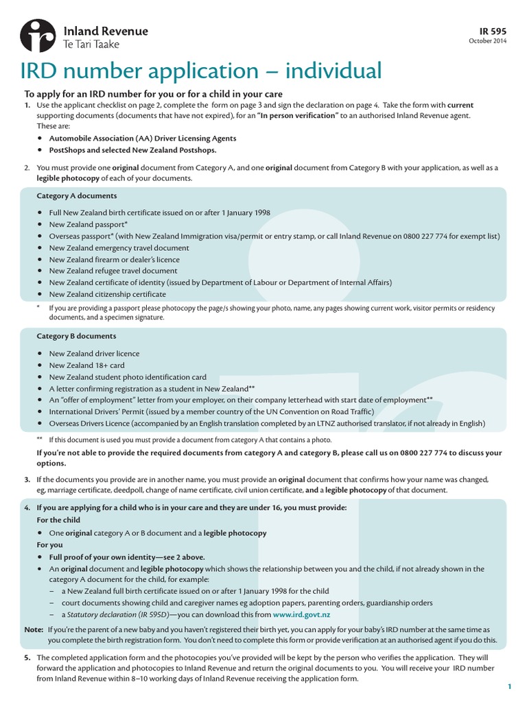 IRD Number Application - Individual: Statutory Declaration (IR 595D ...