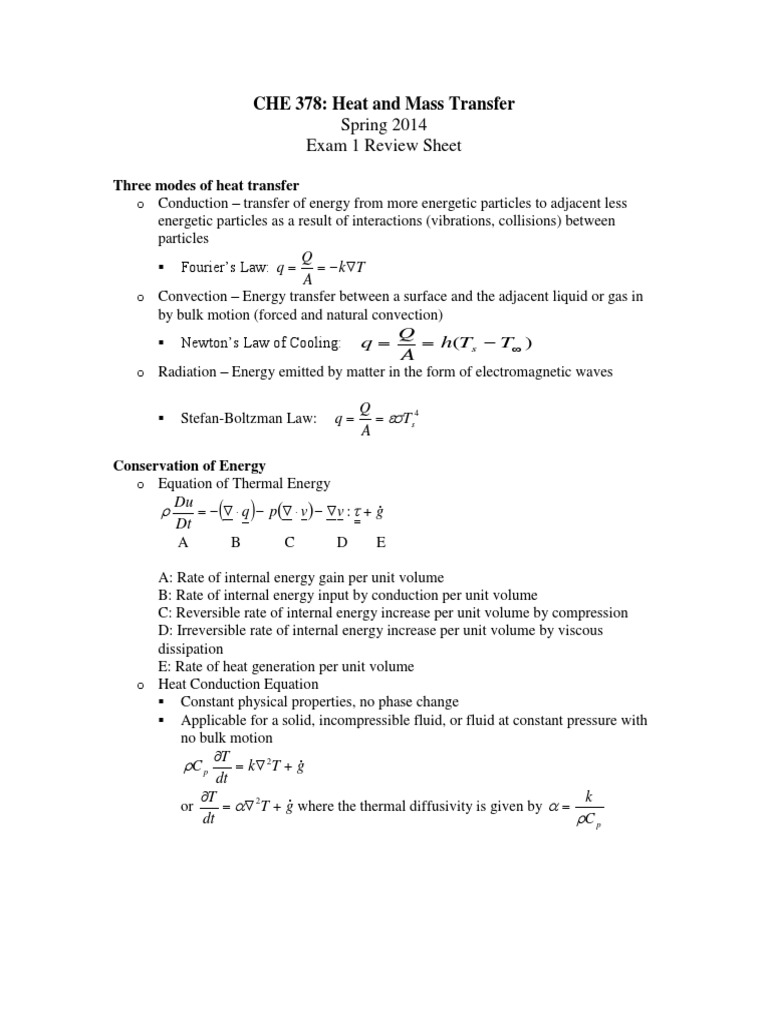 Exam 1 Review Sheet | PDF | Thermal Conduction | Heat Transfer