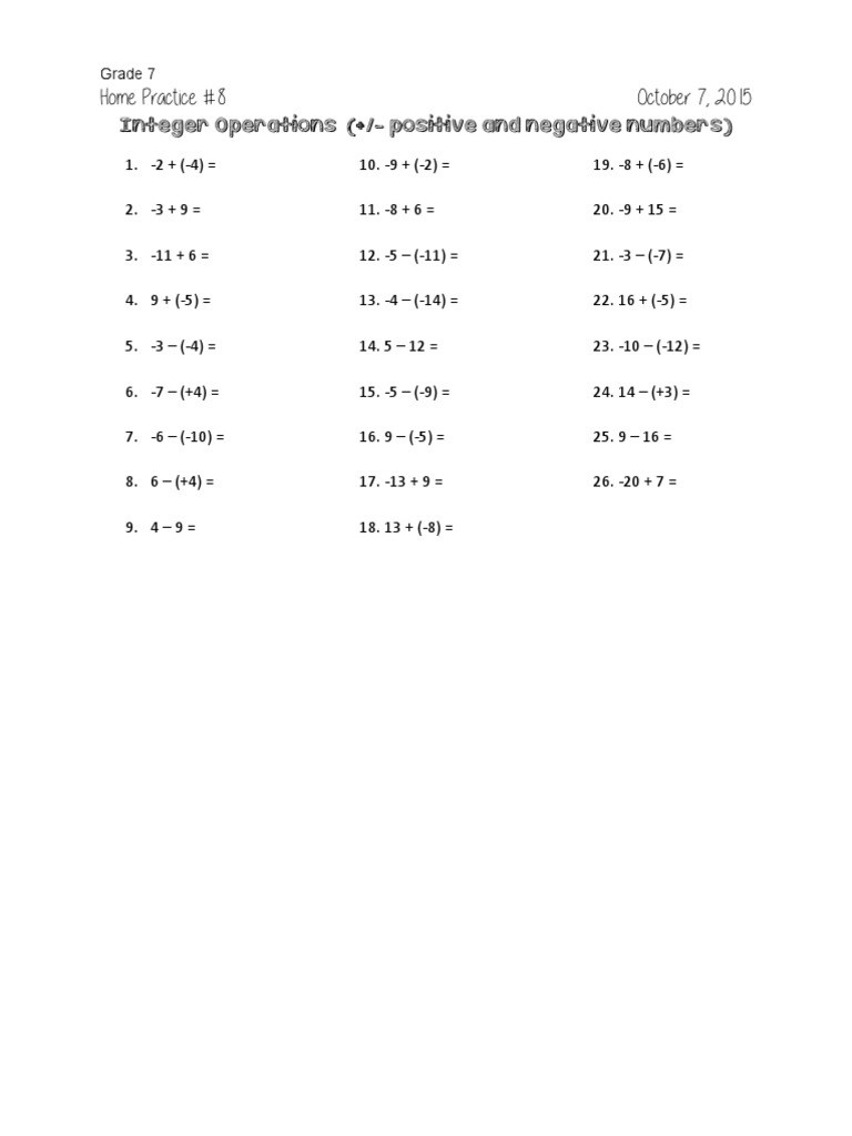 Grade 7 Integer Operations Practice | PDF