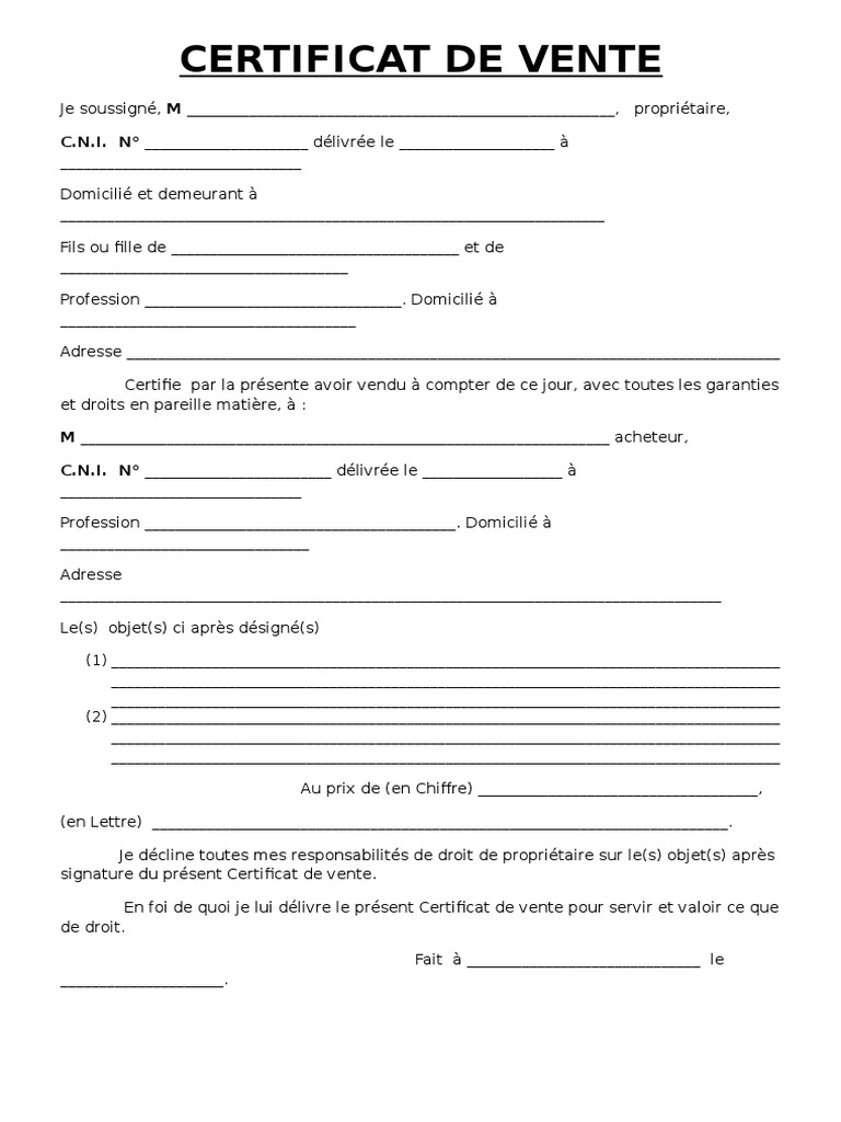 Certificat de Vente | PDF