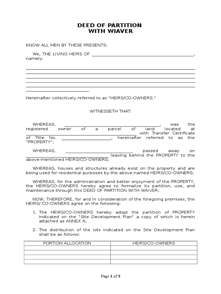 Deed of Partition with Waiver | PDF | Deed | Civil Law (Common Law)
